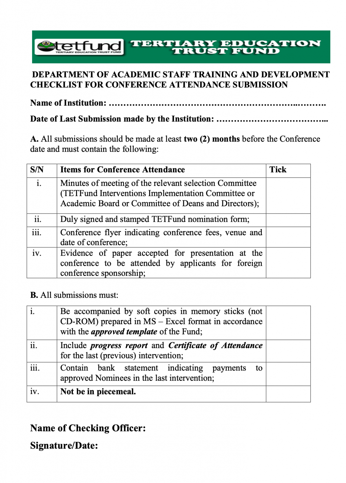 Checklist - TERTIARY EDUCATION TRUST FUND